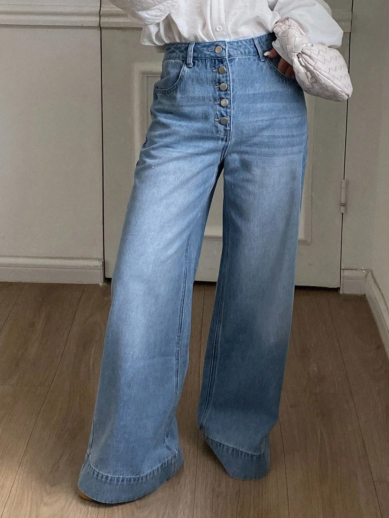 High Waist Medium Wash Trendy Button-up Straight Leg Jeans | Savana ...