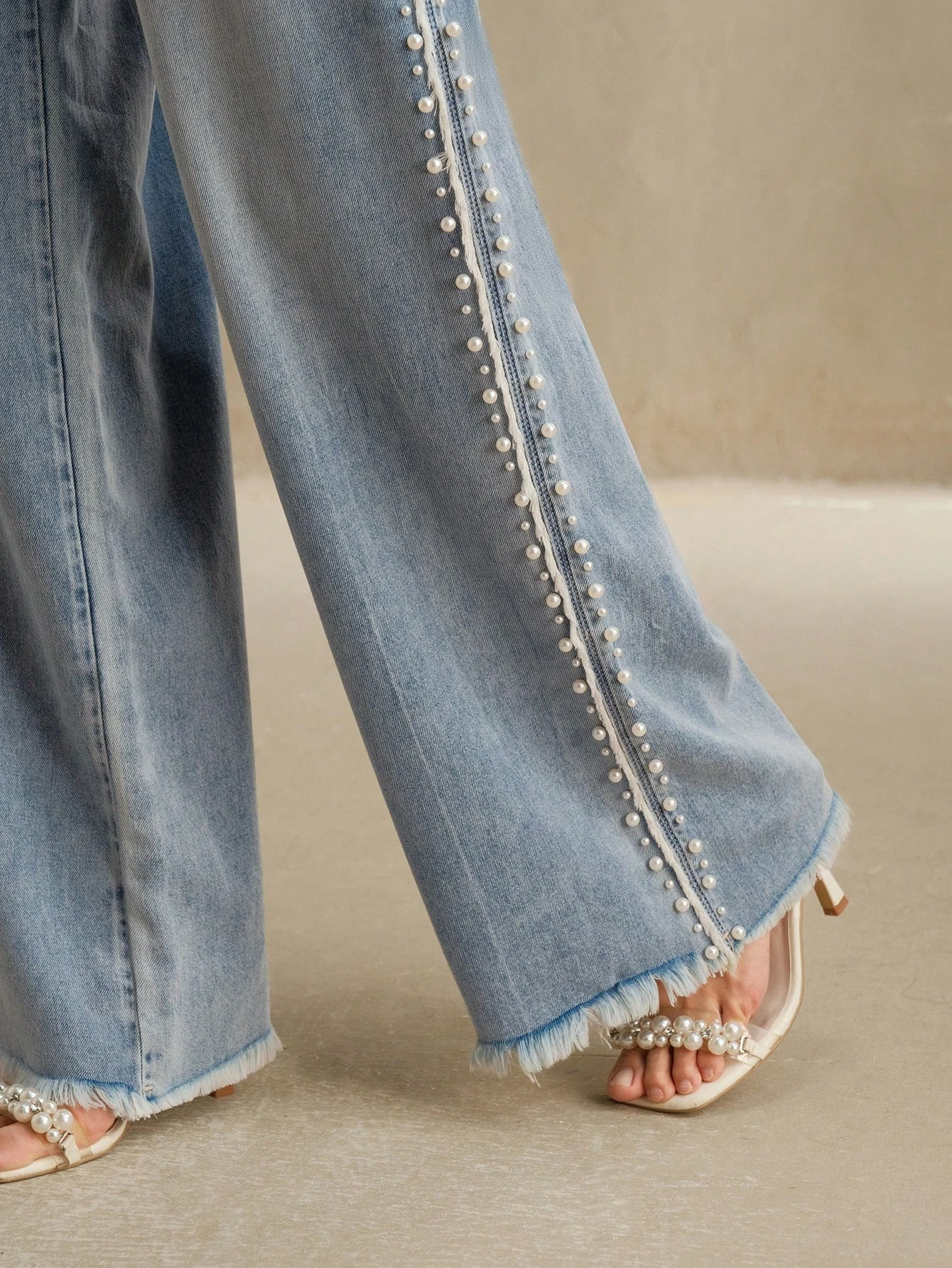 High Waist Light Wash Pearl Embellished Raw Hem Straight Leg Jeans ...