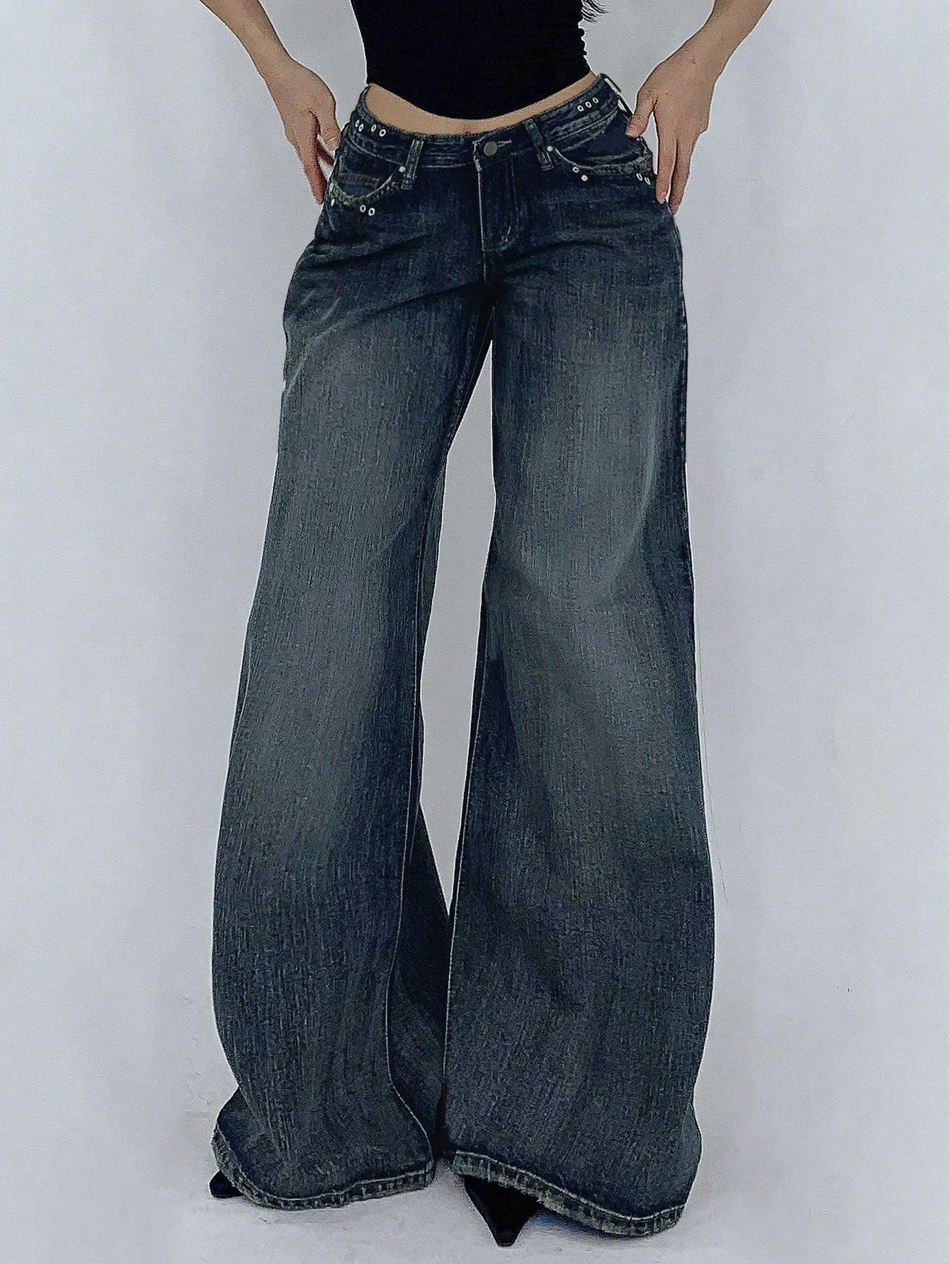 High Waist Vintage Dark Wash Rivet-Embellished Wide Leg Jeans | Savana ...