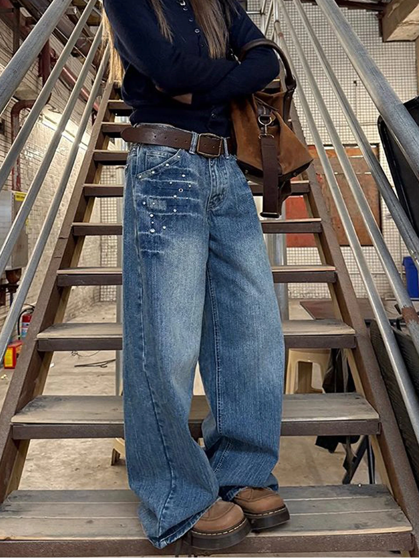 High Waist Vintage Dark Wash Beaded Straight Leg Jeans | Savana ...