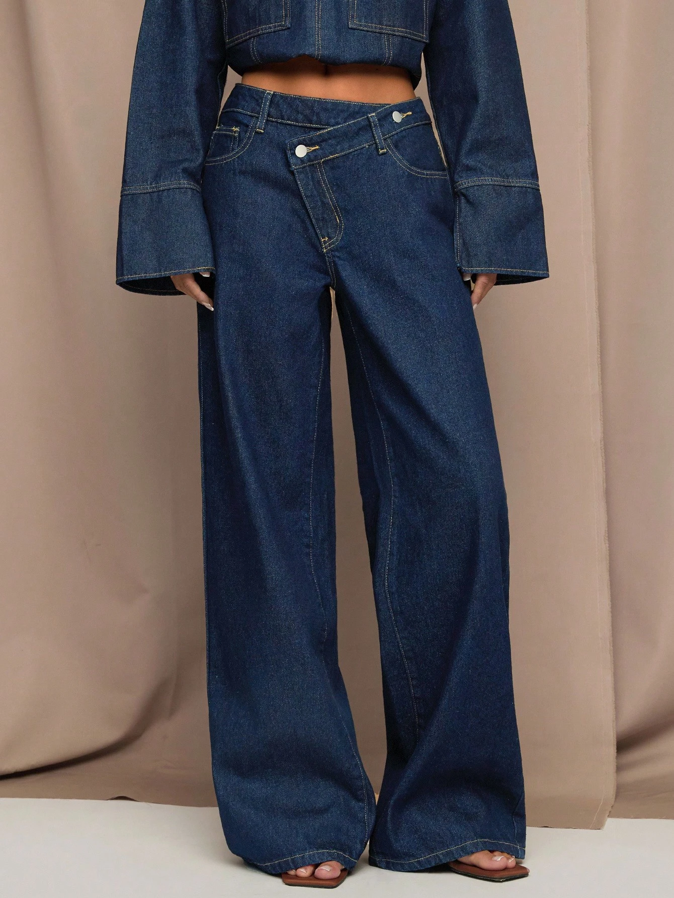 High Waist Dark Wash Asymmetric Button Contrast Stitching Straight Leg ...