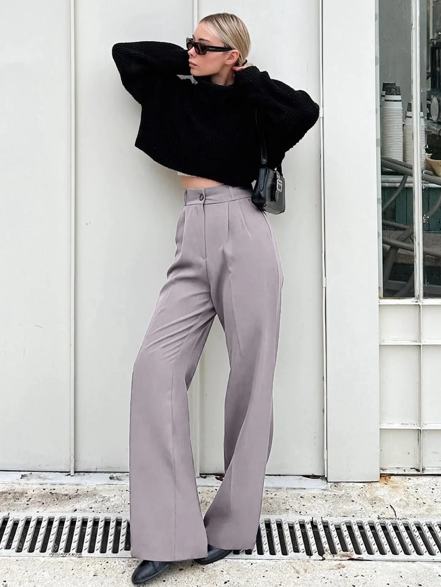 High Waist Grey Straight Leg Pants | Savana | Bestsellers