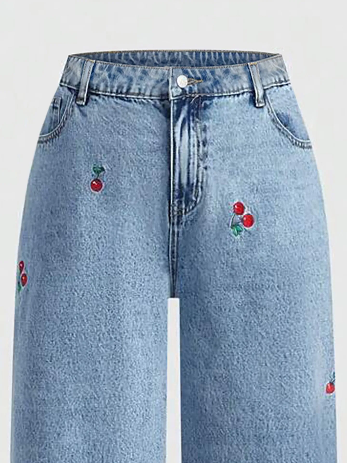 [ Slight Stretch ] High Waist Cute Cherry Embroidery Wide Leg Jeans ...