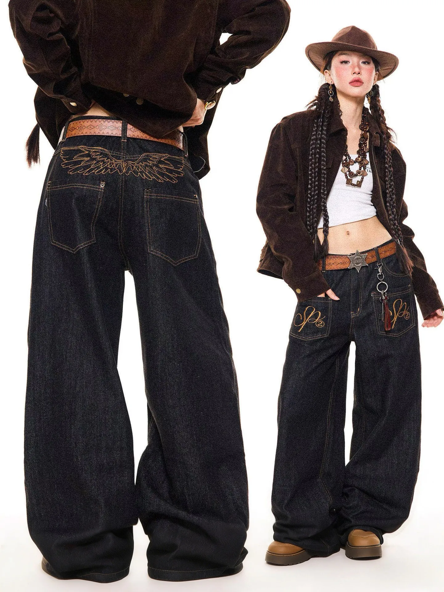 High Waist Indigo Wash Embroidered Wide Leg Jeans | Savana | Bestsellers