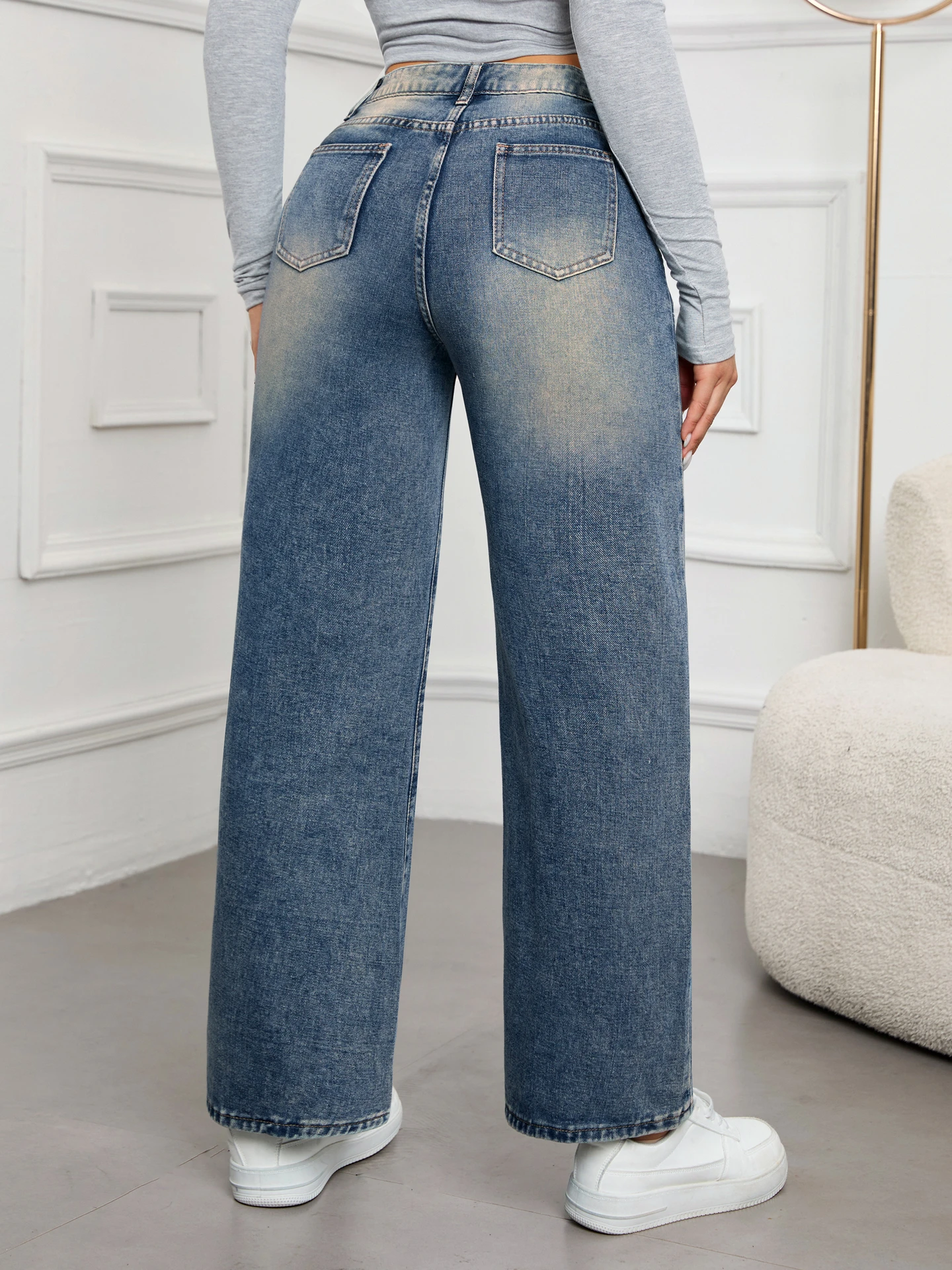 High Waist Vintage Dark Wash Asymmetric Straight Leg Jeans | Savana ...