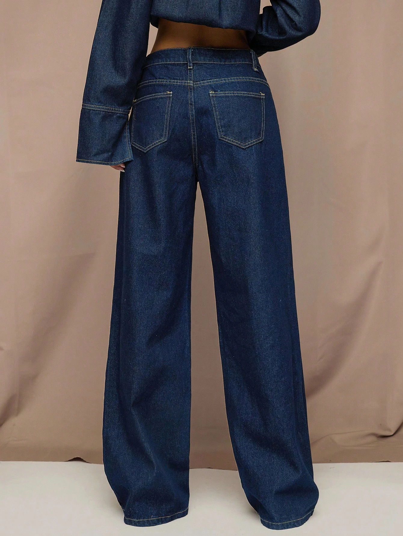 High Waist Dark Wash Asymmetric Button Contrast Stitching Straight Leg ...