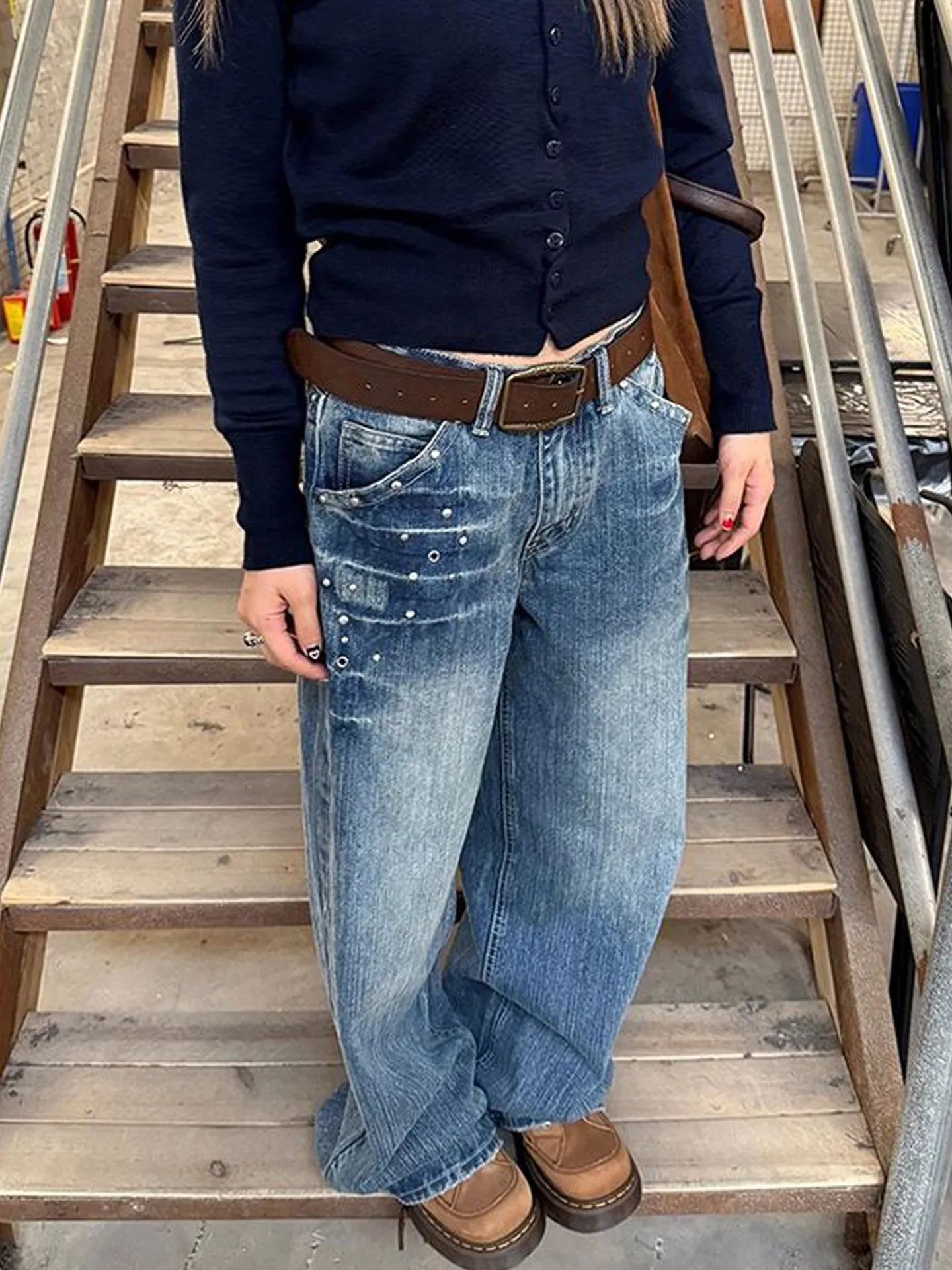 High Waist Vintage Dark Wash Beaded Straight Leg Jeans | Savana ...