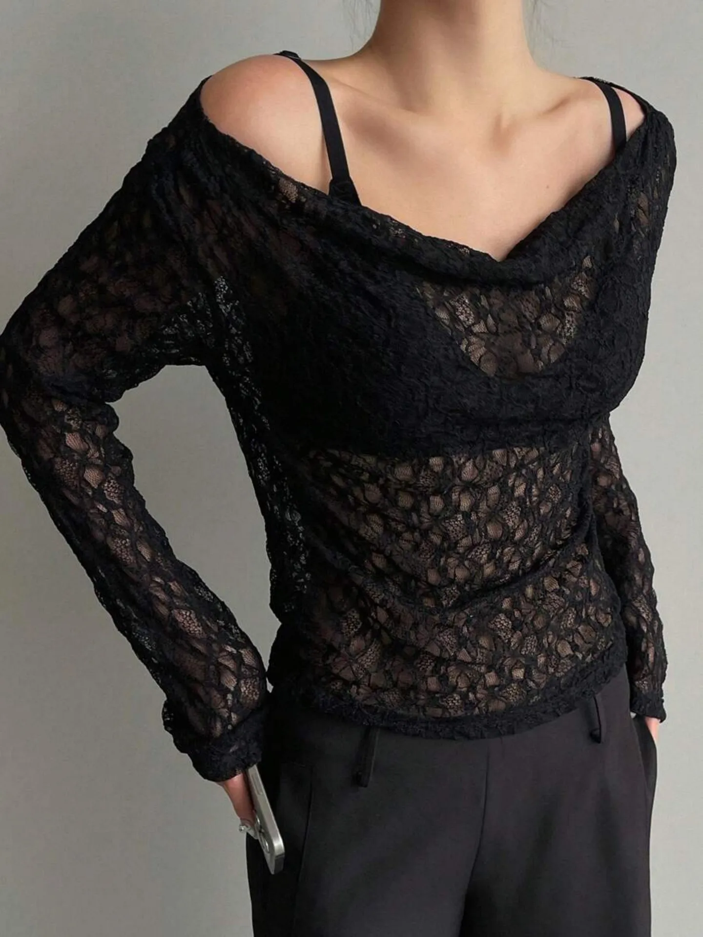 Asymmetric Sheer Lace Off Shoulder Top | Savana | Bestsellers