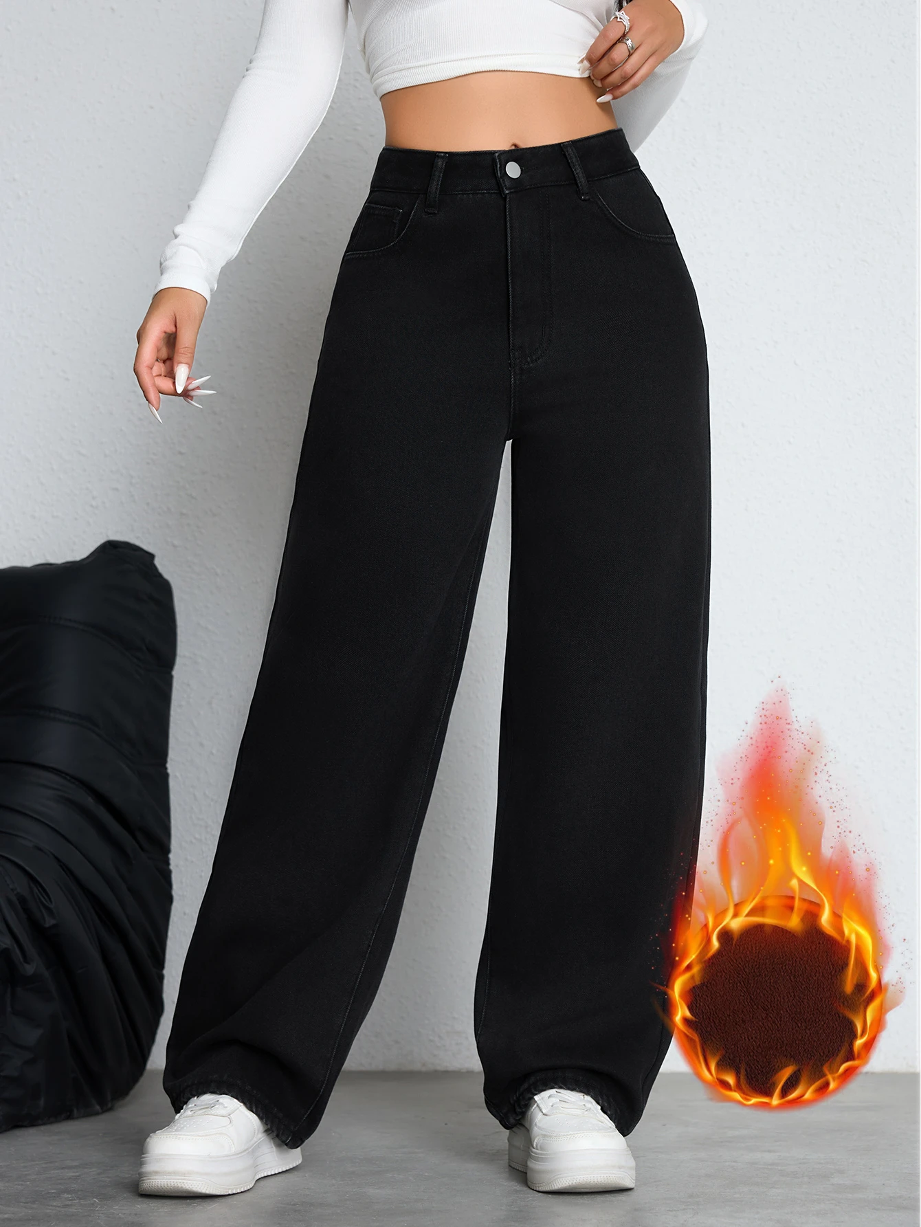 [ Slight Stretch ] High Waist Winter Fleece-Lined Straight Leg Black ...