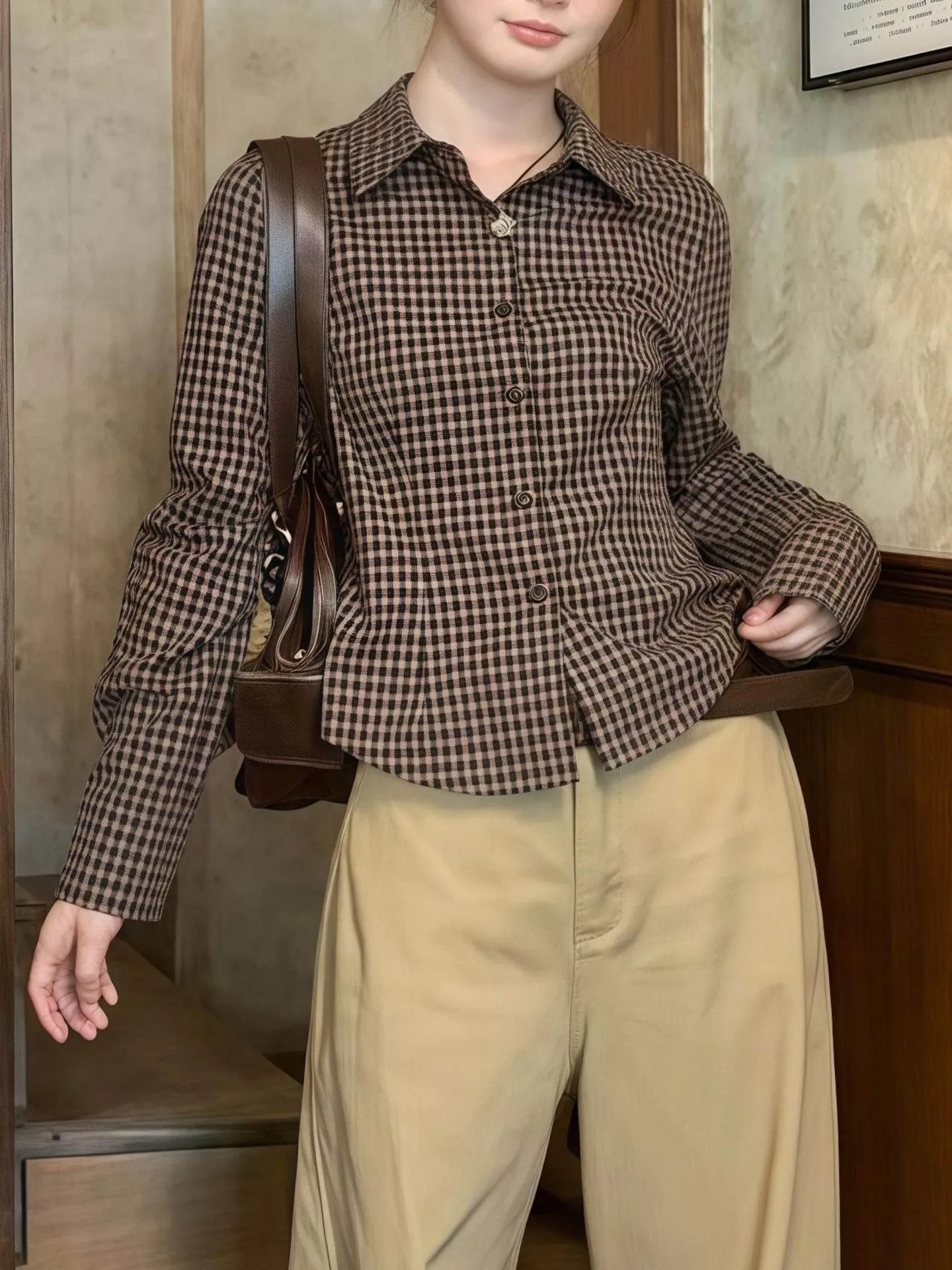 Vintage-Style Brown Gingham Blouse- Relaxed Charm | Savana | Bestsellers