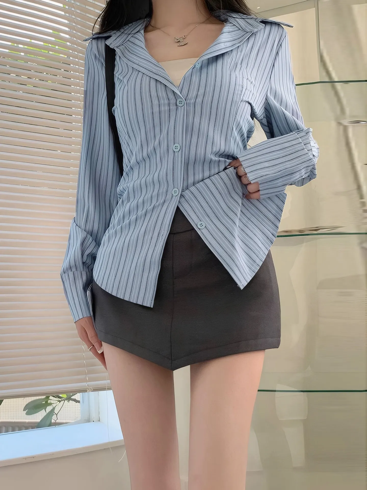 Blue Striped Slit Cuff Shirt | Savana | Bestsellers